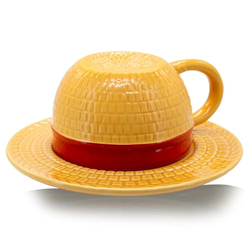 Eoilya Anime One Piece Coffee Mug Cup with Saucer Luffy Straw Hat Ceramic Tumbler Merchandise Gifts Sets for Adults Fan's Gift or Souvenir (Luffy)