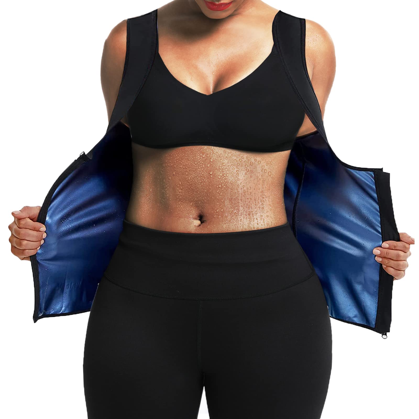 BODYSUNER Sauna Sweat Vest Workout Tank Top Waist Trainer for Women With Zipper Compression Workout Enhancing Vest Blue,L/XL