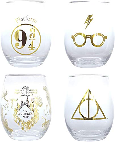 Harry Potter Stemless Wine Glasses, Set of 4 - Gold Harry Potter Symbols and Designs - Glass - 17 oz