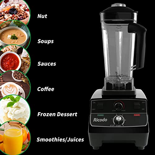 Ricodo Professional Blender for Kitchen, Countertop Blender 1800W with Timer Control and 2L Tritan Container, Blender for Shakes and Smoothies, Crushing Ice, Frozen Fruit (Black)