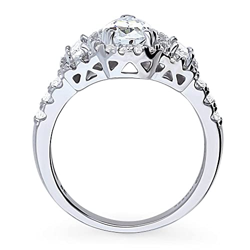 BERRICLE Sterling Silver 3-Stone Wedding Engagement Rings Pear Cut Cubic Zirconia CZ Halo Ring for Women, Rhodium Plated Size 7