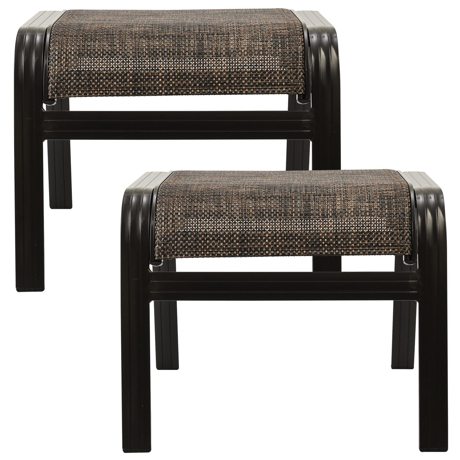 Deugold Outdoor Patio Foot Rest Ottoman Seat Textilene Portable Metal Footstool Portable Patio Chairs 2 Set Brown