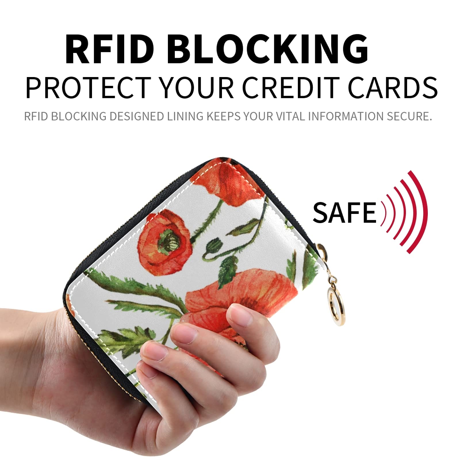 Wildflower Red Poppy Flower Credit Card Coin wallet, RFID Blocking Compact Women Leather Card Holder, Key Change Organizer, Zipper Purse Clutch Pouch Pocket