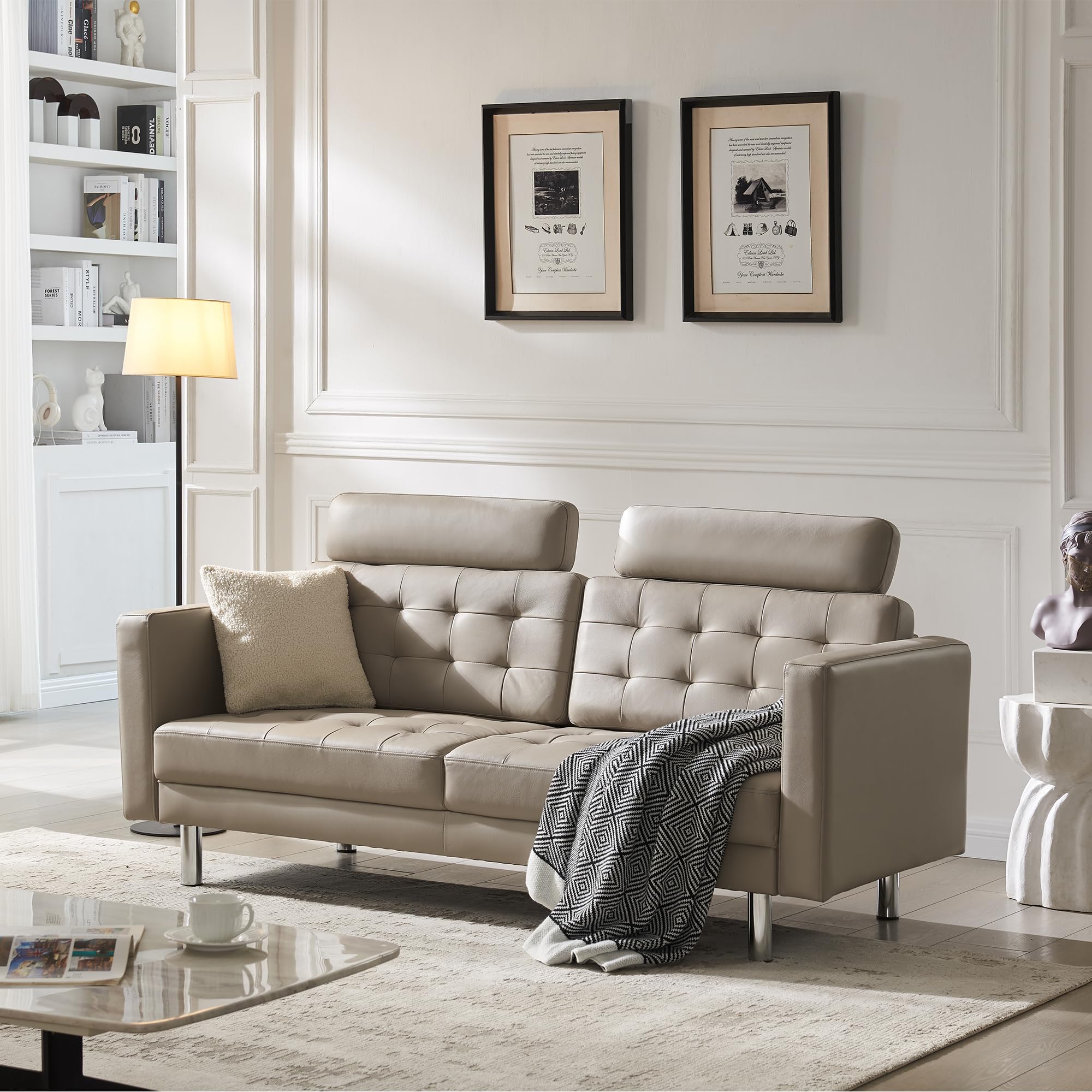 RXRRXY 72'' Top-Grain Loveseat Leather Sofa Couch, Modern Genuine Leather Love Seat Sofa Couch with Sofa Pillows and Classic Button Tufted Design for Living Room, Bedroom, Apartment (Beige)