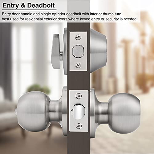 Knobonly All Keyed Same, Front Door Handleset with Single Cylinder Deadbolt in Satin Nickel Finish, Keyed Alike for Every Set