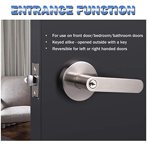 Knobonly Keyed Alike/Combo Keys Entry Door Knobs Lock Set, Modern Heavy Duty Front/Commercial Door Handleset, Satin Nickel Stainless Steel Doorknob Handle 4 Pack