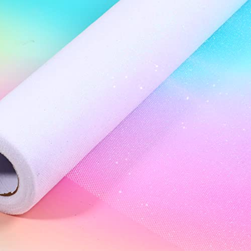ICOSHOW Sparkling Tulle Rolls, 15β by 30 Yards (90FT) Glitter Tulle Spool Ribbon Fabric for Wedding Birthday Bridal Shower Tutu Skirt Party Gift Wrapping (White)