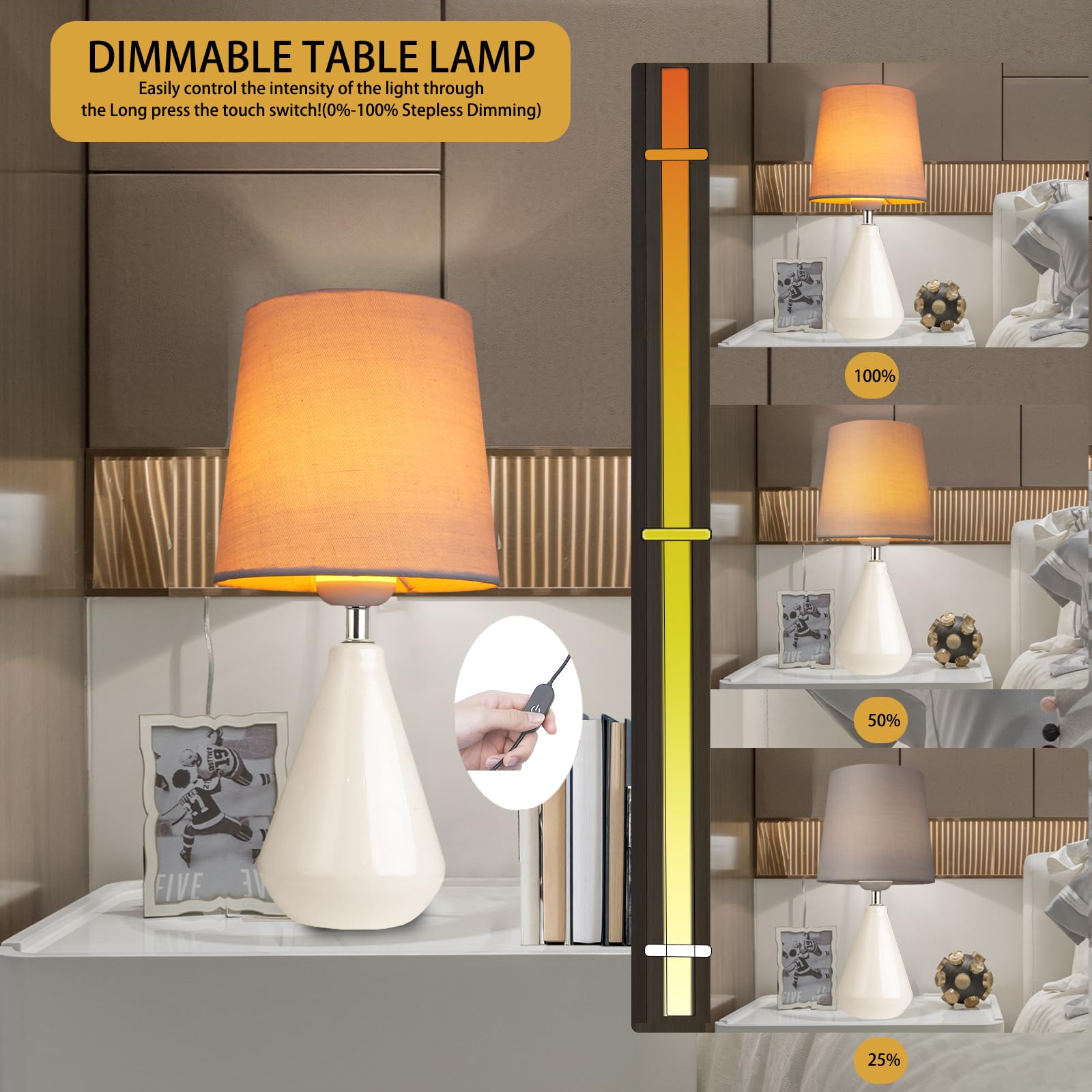 bdayanx Small Bedside Table Lamp for Bedroom - Reading Desk Lamp with 3 Way Dimmable Touch Control,12" Nightstand Ceramic Lamp with Fabric Shade for Kids Room,Living Room,Dorm,Home Office Green