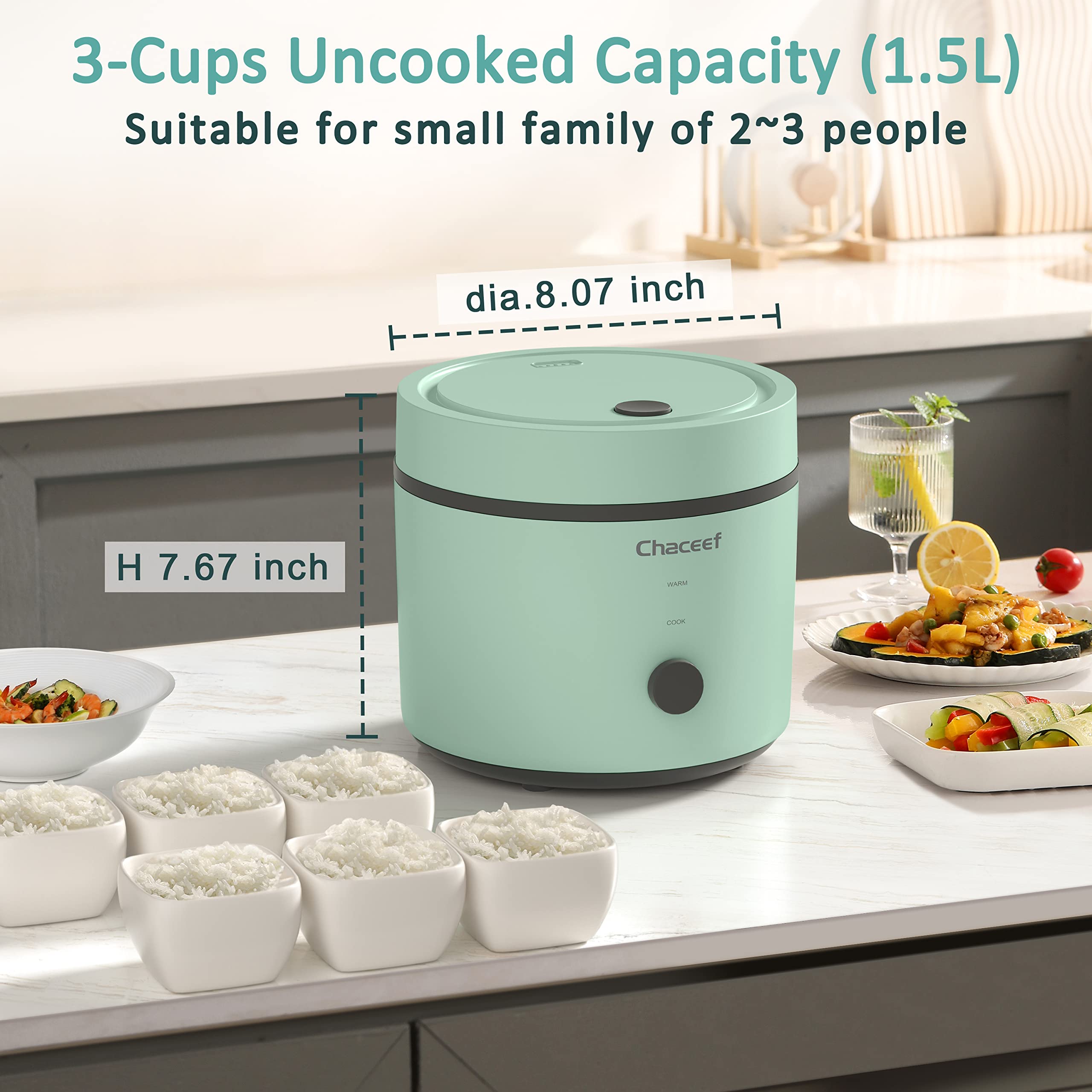 CHACEEF Rice Cooker 3-Cups Uncooked, Green & CHACEEF Travel Electric Kettle, Pink