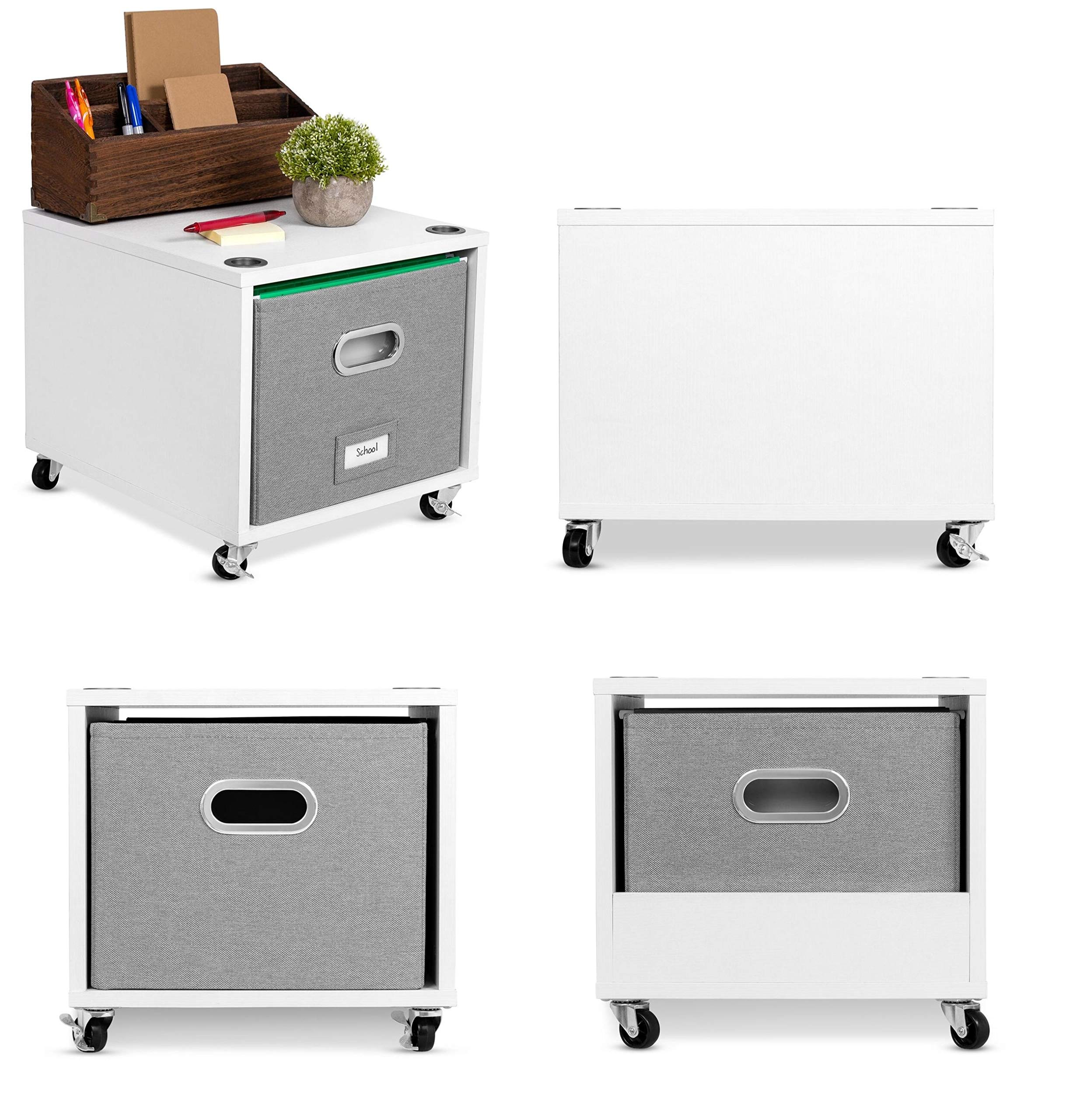 BIRDROCK HOME Rolling File Cabinet with 2 Lateral Drawers β Decorative Storage Shelf, Blankets, Books, Files, Magazines, Toys β Removable Bin with Handles β Under Desk Office Living Room Home - White