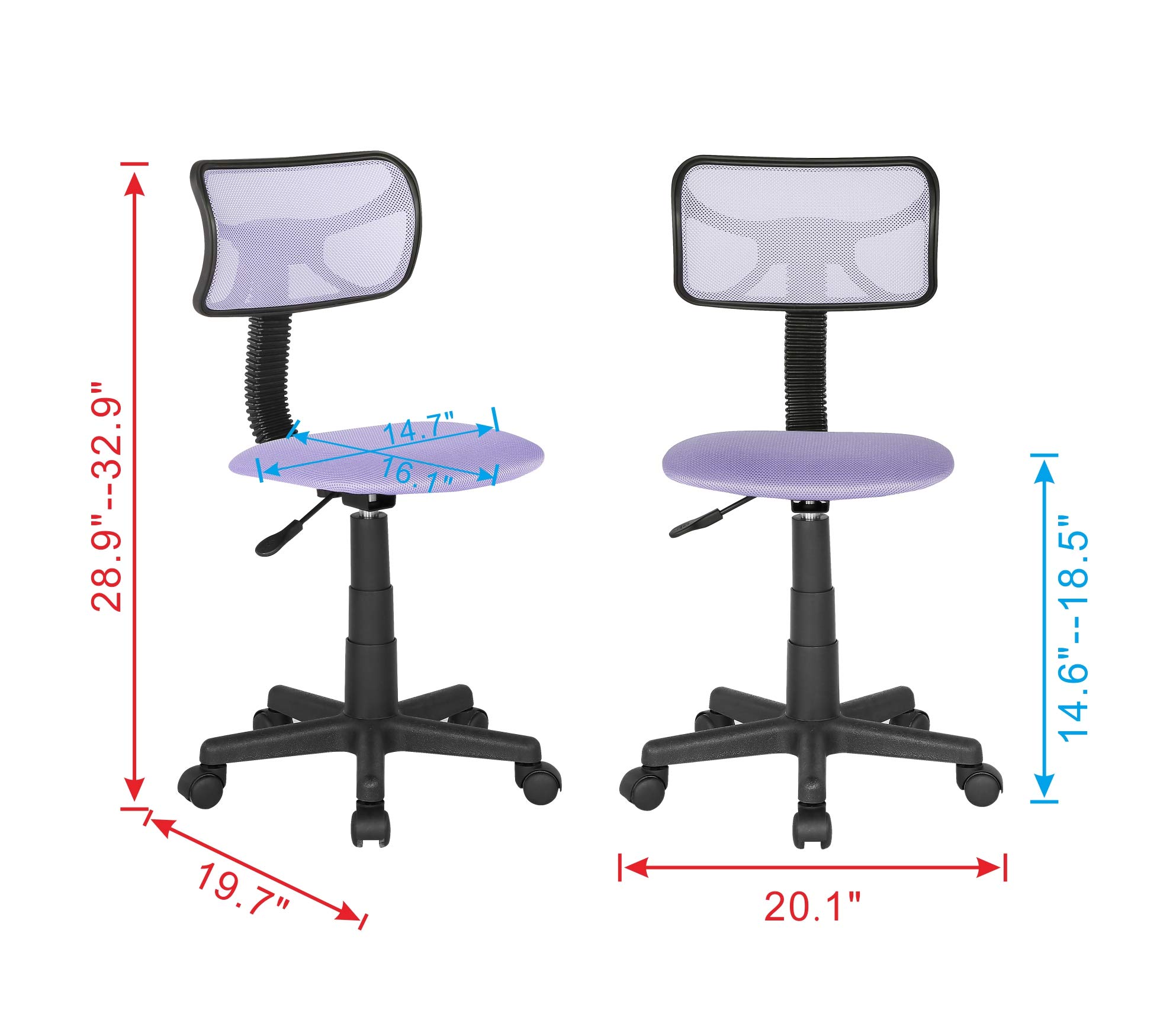 JJS Kids Mesh Rolling Desk Chair, Small Swivel Office Computer Chair for Teens, Low-Back Adjustable Upholstered Student Task Chair, Purple