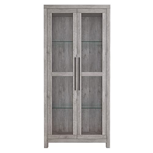 BELLEZE Storage Cabinet, Tall Bookshelf or Display Cabinet for Living Room Bedroom, Curio Cabinet with Tempered Glass Doors, Trophy Display Case, Storage/Organization - Avalon (Gray Wash)