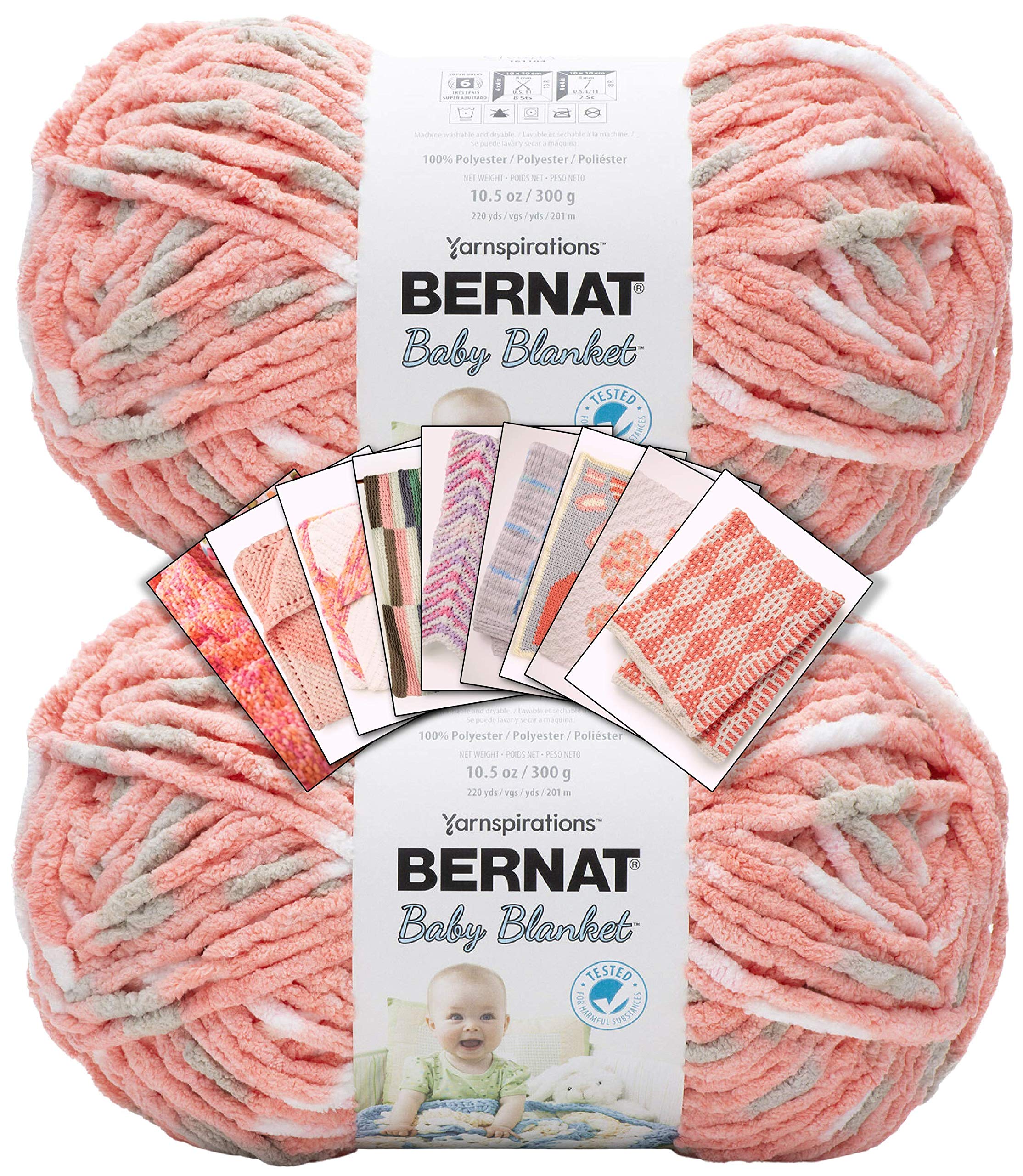 Bernat Baby Blanket Yarn - Big Ball (10.5 oz) - 2 Pack with Pattern Cards in Color (Shell Pink Clouds)