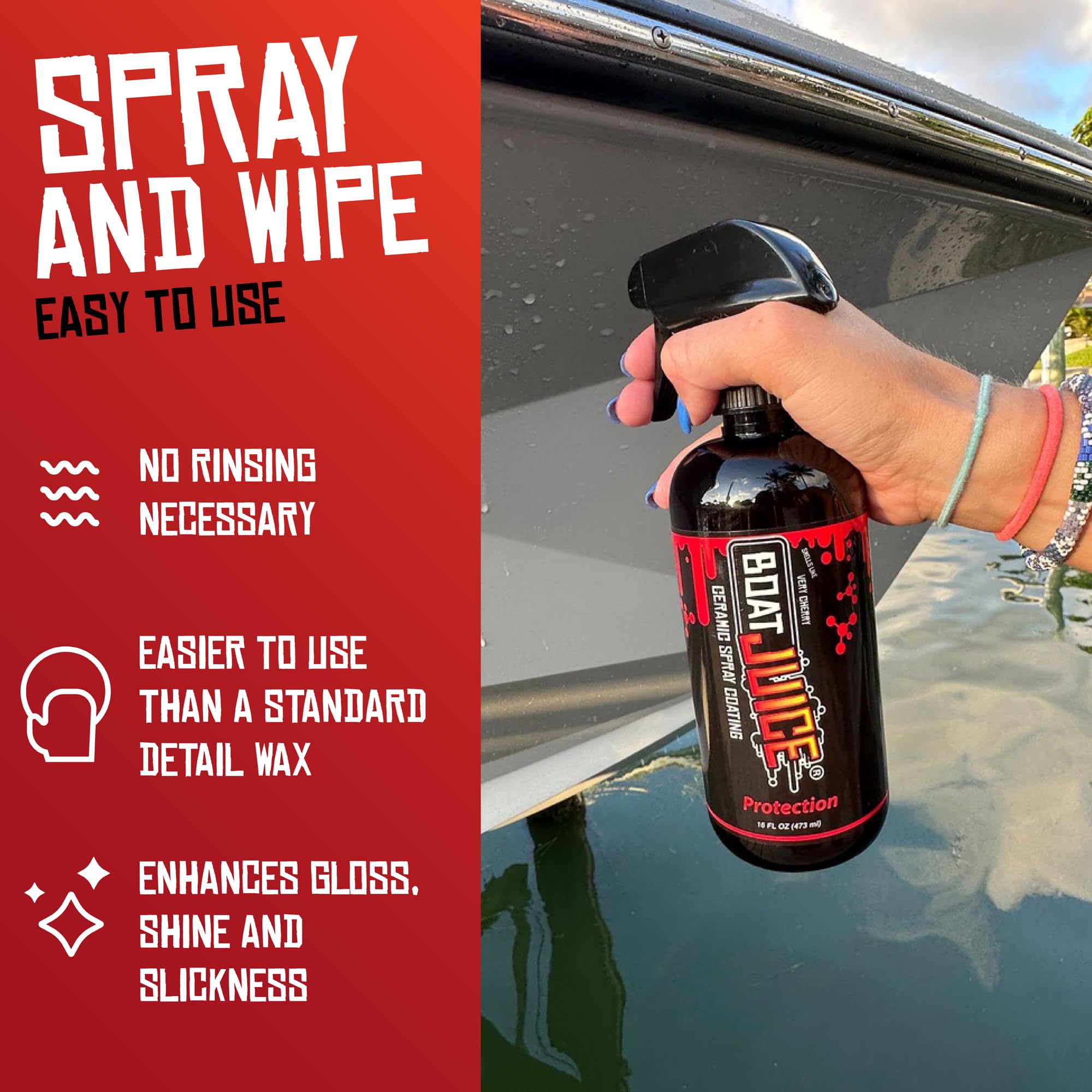Boat Juice Protection - SiO2 Ceramic Spray Coating - Extreme Gloss + Slickness - Protect Your Boat from Water Spots