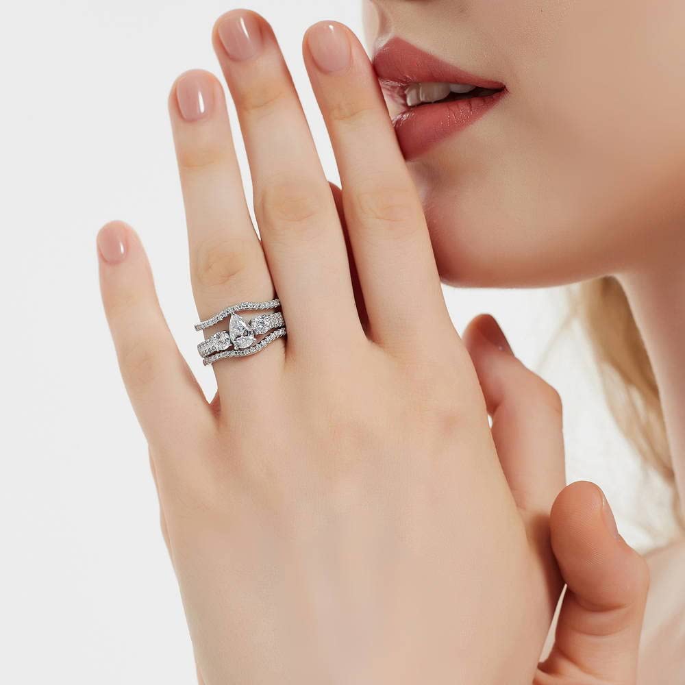 BERRICLE Sterling Silver 3-Stone Wedding Engagement Rings Pear Cut Cubic Zirconia CZ Ring Set for Women, Rhodium Plated Size 7