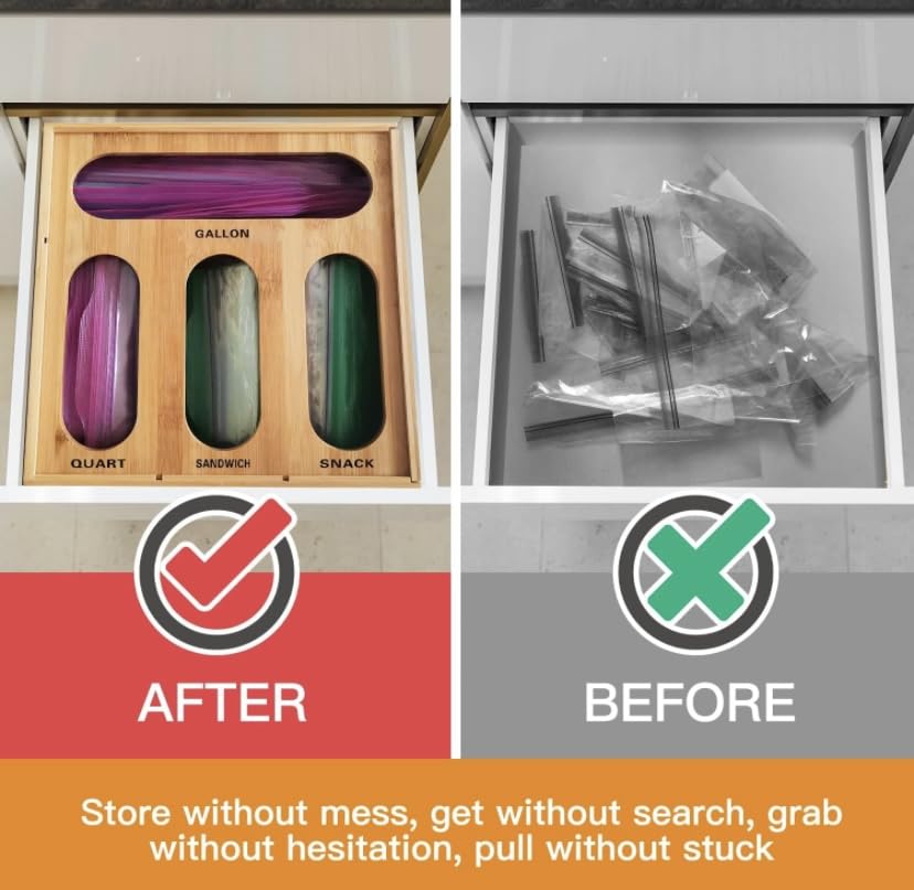CNL DESIGNS INC. Bamboo Ziplock Bag Organizer for Drawer, Food Storage Organizer, Sandwich Bag Organizer for Kitchen, Compatible with Gallon, Quart, Sandwich & Variety Snack Size Bags.