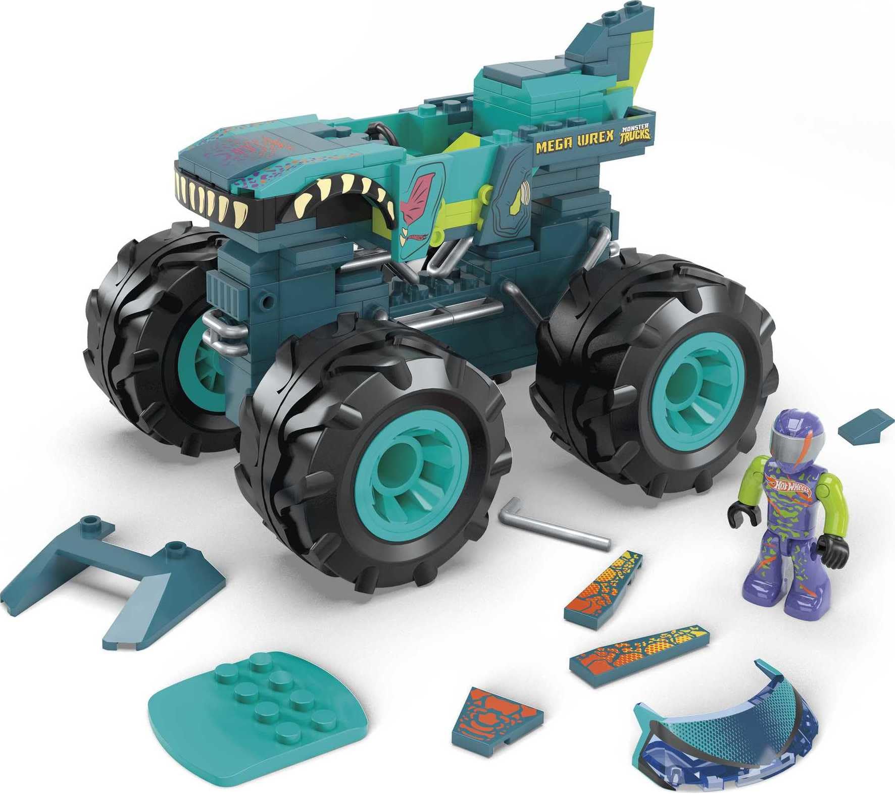 MEGA Construx Hot Wheels Monster Trucks Toy Car Building Set, MEGA-Wrex with 187 Pieces, 1 Micro Action Figure Driver, Red, Kids Age 5+ Years