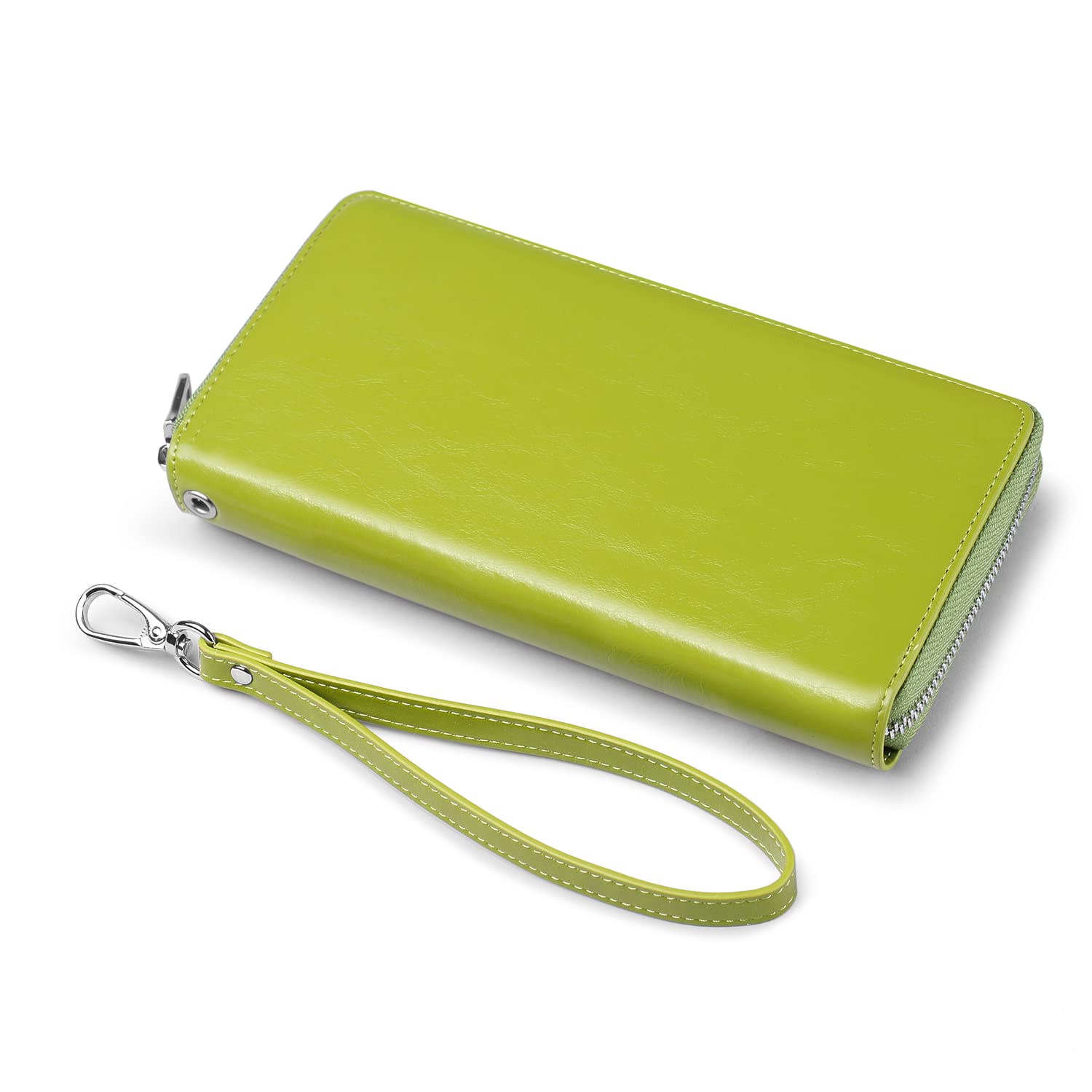JEEBURYEE Women's RFID Blocking Large Capacity Luxury Oil Wax Genuine Leather Zip Around Wristlet Wallet Clutch Multi Card Holder Ladies Purse Green