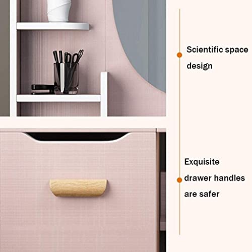 LEONYS Makeup Vanity Desk with Rounded Mirror, 3 Drawers, Vanity Set with Upholstered Stool, for Bathroom, Bedroom, Girls Vanity for Gift (Color : Pink)