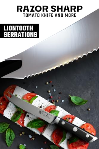 Dalstrong Tomato Slicing Knife - Gladiator Series Elite - 5" - Serrated Utility - German High Carbon Steel - Black Handle - Sheath Included - NSF Certified