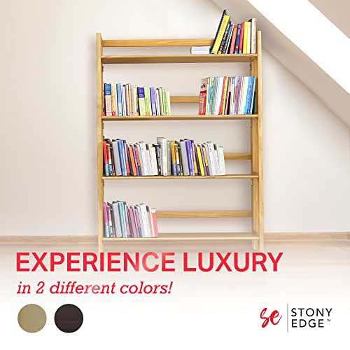 STONY EDGE 4-Tier Folding Bookshelf | Natural Wood Finish | 45x32x11.5 Inches | Book Shelf for Books and Trinkets | No Assembly Required | Foldable & Small Bookshelf for Home and Office