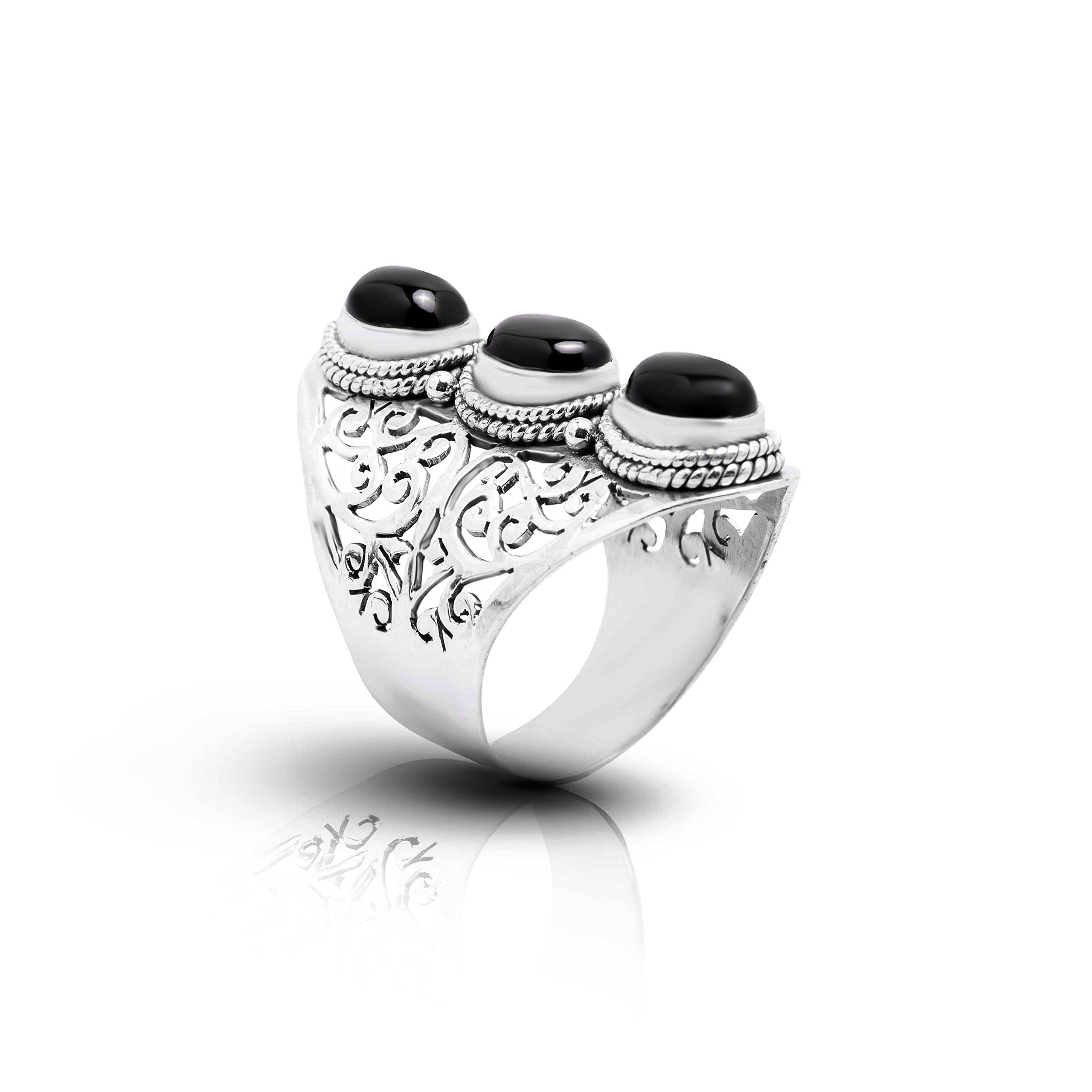 Black Onyx Lace Ring 925 Sterling Silver Vintage Tribal Gypsy Boho Look US Size 7 8 9 (9)