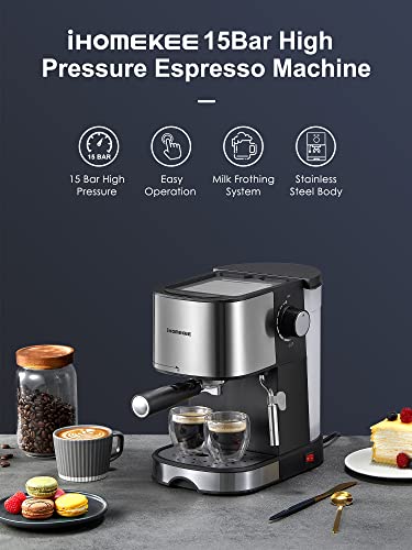 Ihomekee Espresso Machine 15 Bar Pump Pressure, Espresso and Cappuccino Coffee Maker with Milk Frother/Steam Wand for Latte, Mocha, Cappuccino, Silver - CM6826T