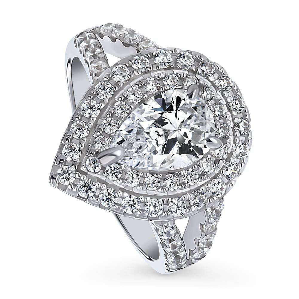 BERRICLE Sterling Silver Halo Wedding Engagement Rings Pear Cut Cubic Zirconia CZ Statement Cocktail Split Shank Ring for Women, Rhodium Plated Size 5