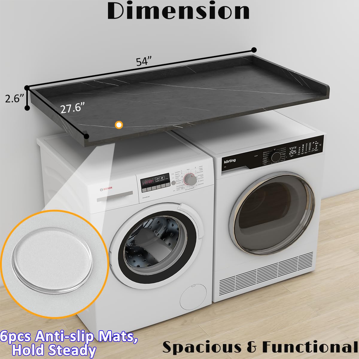 dooloric Washer Dryer Countertop, Laundry Counter top with Edge Rails Non-Slip Pads,27.6" Depth x 54" Width Wood Topper for Washer Dryer,Laundry Machine Cover for Storage and Organization Oak