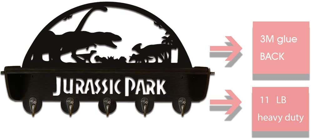 Dinosaur Theme Park World ,Hat Rack Key Hook Coat Hook Towel Holder, with 5 Metal Hooks, Clothes Hook, Kitchen Shelf, Wooden Storage Shelf,Black,16 Inch, 11 Lbs