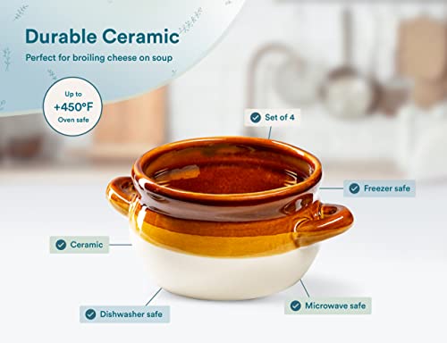 KooK French Onion Soup Crocks, Ceramic Make, Large Handles, Stoneware, Dishwasher, Microwave, Oven & Broil Safe 16oz Standard Capacity & 18oz Full Capacity