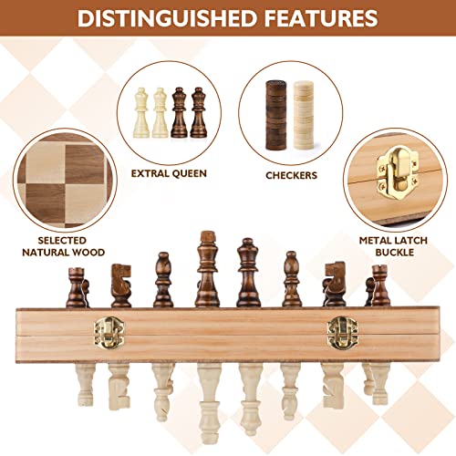 Peradix 15" Wooden Chess and Checkers Set, Magnetic Chess Sets - 2 Extra Queens, 2 in 1 Board Games with Folding Board and Chessmen Storage Slots, Beginner Chess Set for Adults Kids, Gift Box Packed