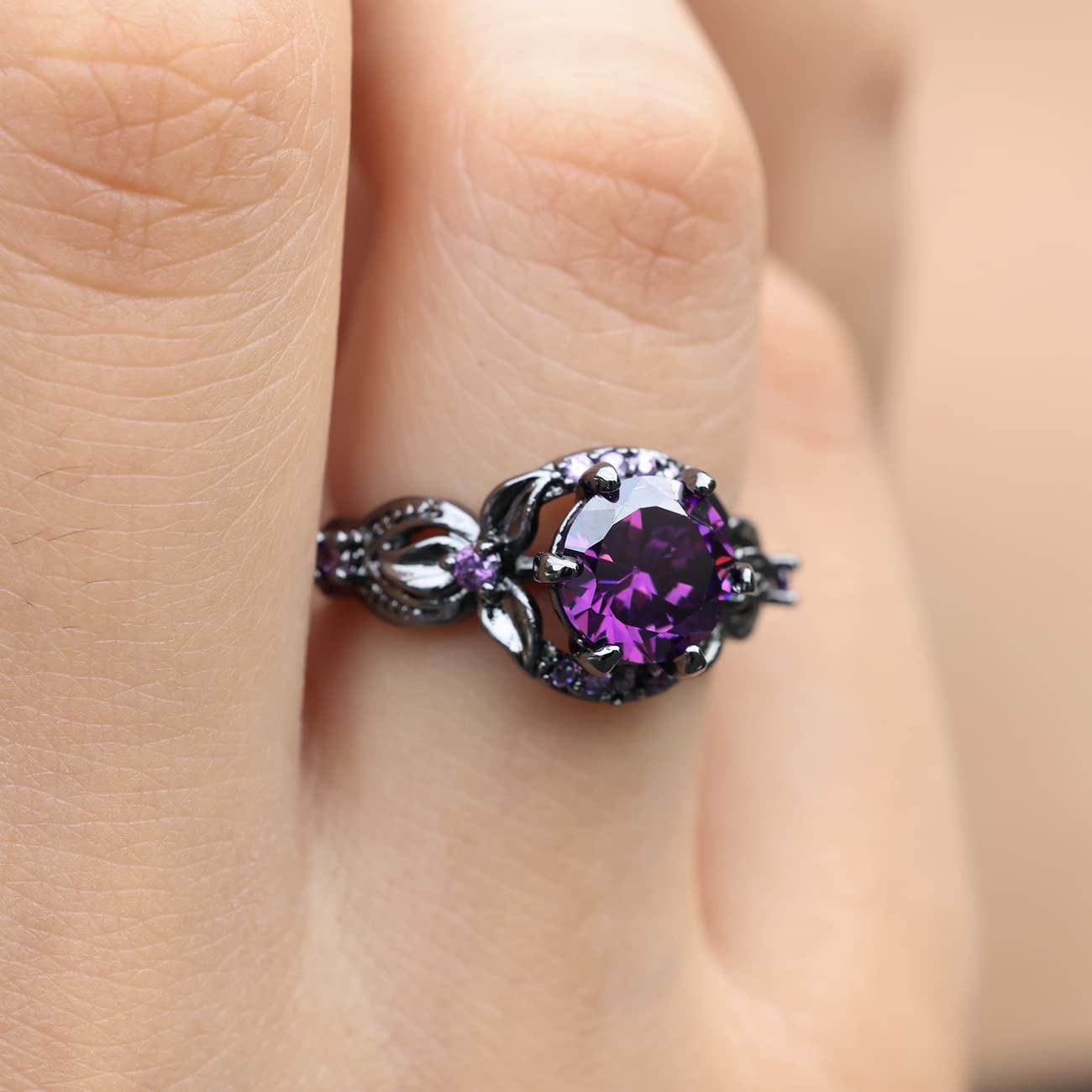 Black Gothic Rings for Women, Goth Created Amethyst Unique Black Gold Wedding Engagement Ring Jewelry Gifts Size 5 6 7 8 9 (Created Amethyst, 8)