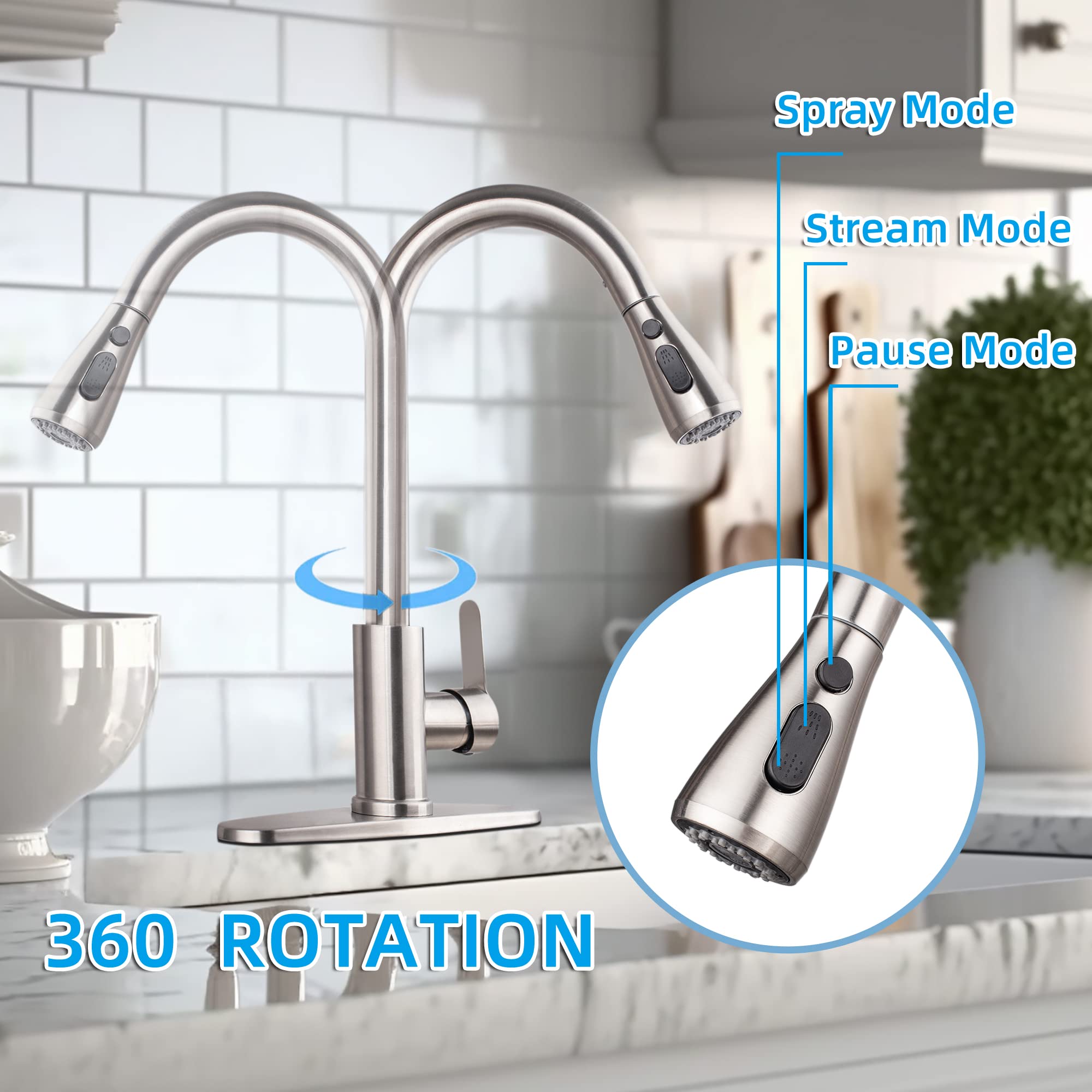 CILAIXI Kitchen Sink Faucet with Pull Down Sprayer with Deck Plate Home Handle Stainless Steel 360 High Arc Swivel Efficient Cleaning Brushed Out Kitchens Tap Faucets (Brushed Nickel)