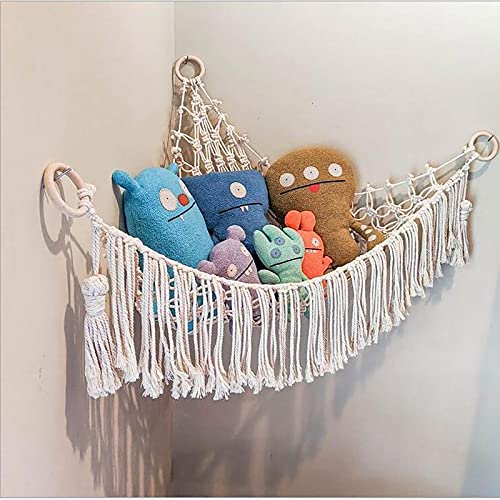 Storage Hammock Stuffed Toy Organizer, Plush Animals Fruit Vegetable Holder, Boho Wall Sling Corner Cotton Rope Hand-woven Mesh Net Bag, Stuff Display Easily (Medium)