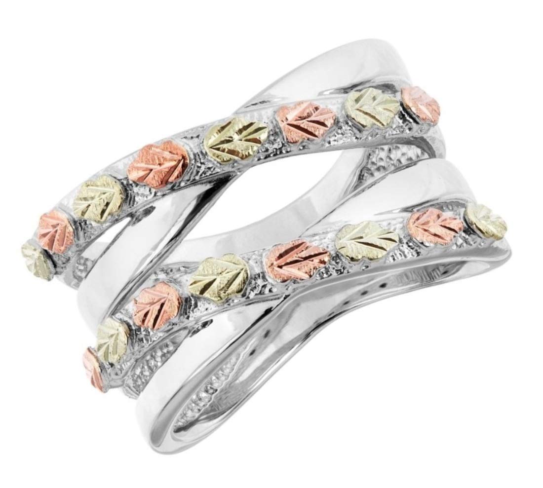 Black Hills Gold Jewelry Double Crisscross Rings for Women 925 Sterling Silver Leaf Ring, 12k Green and Rose for Ladies and Teens Size 9.75