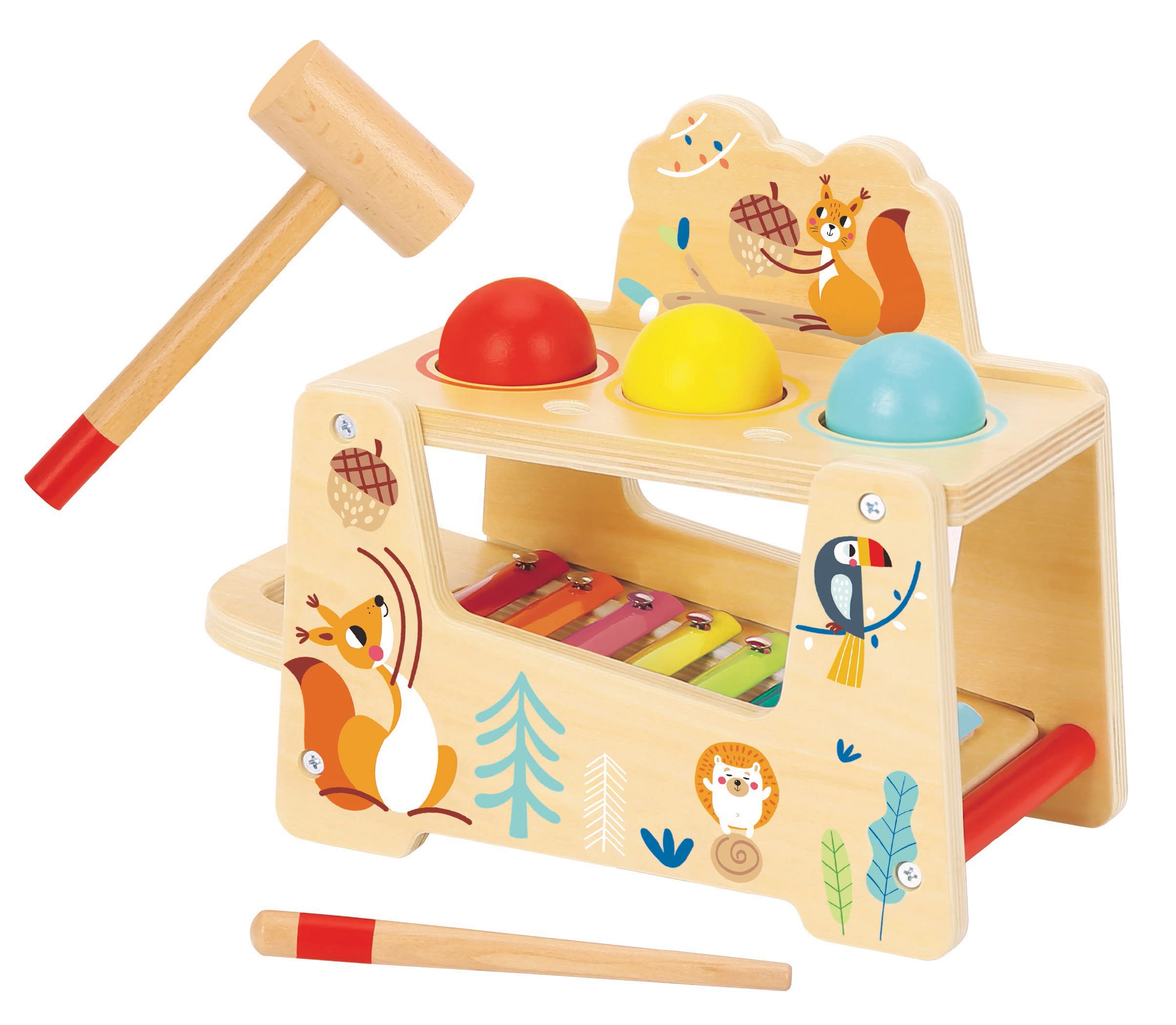TOOKYLAND Pound a Ball Toy - 7pcs - Wooden Pounding and Hammering Bench with Xylophone; Educational Ball Drop Tap Game for Toddlers 1 Year Old +