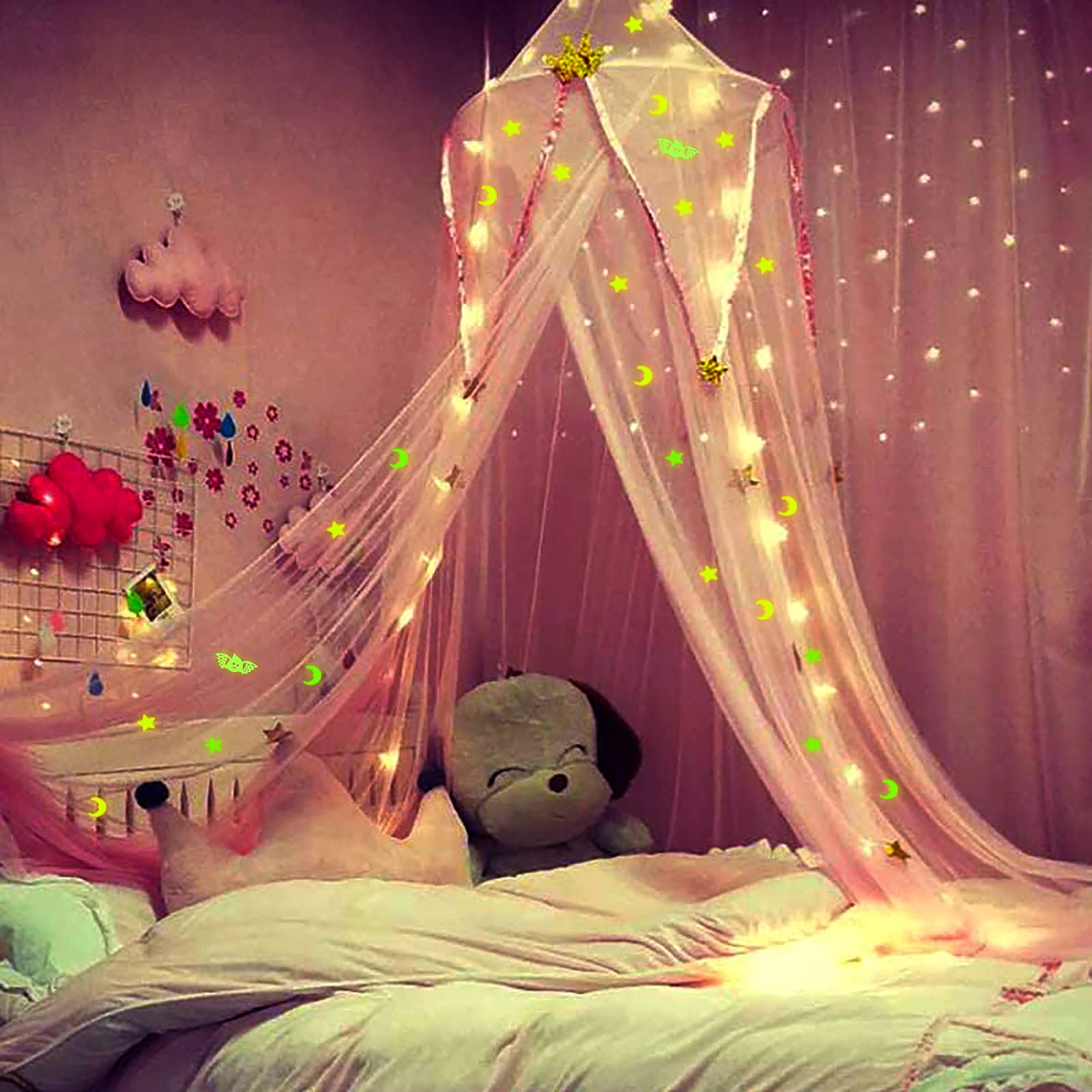 Glamorstar Bed Canopy for Girls Princess Mosquito Net Glow in The Dark Stars and Moon Crib Hanging Tent Bedroom Decor Gift for Kids Pink Crwon