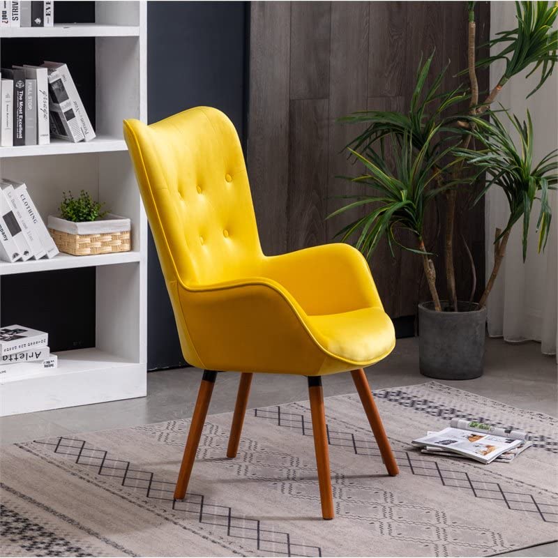Roundhill Furniture AC155YL Doarnin Silky Velvet Tufted Button Accent Chair, Yellow 30D x 41.5W x 26.8H in
