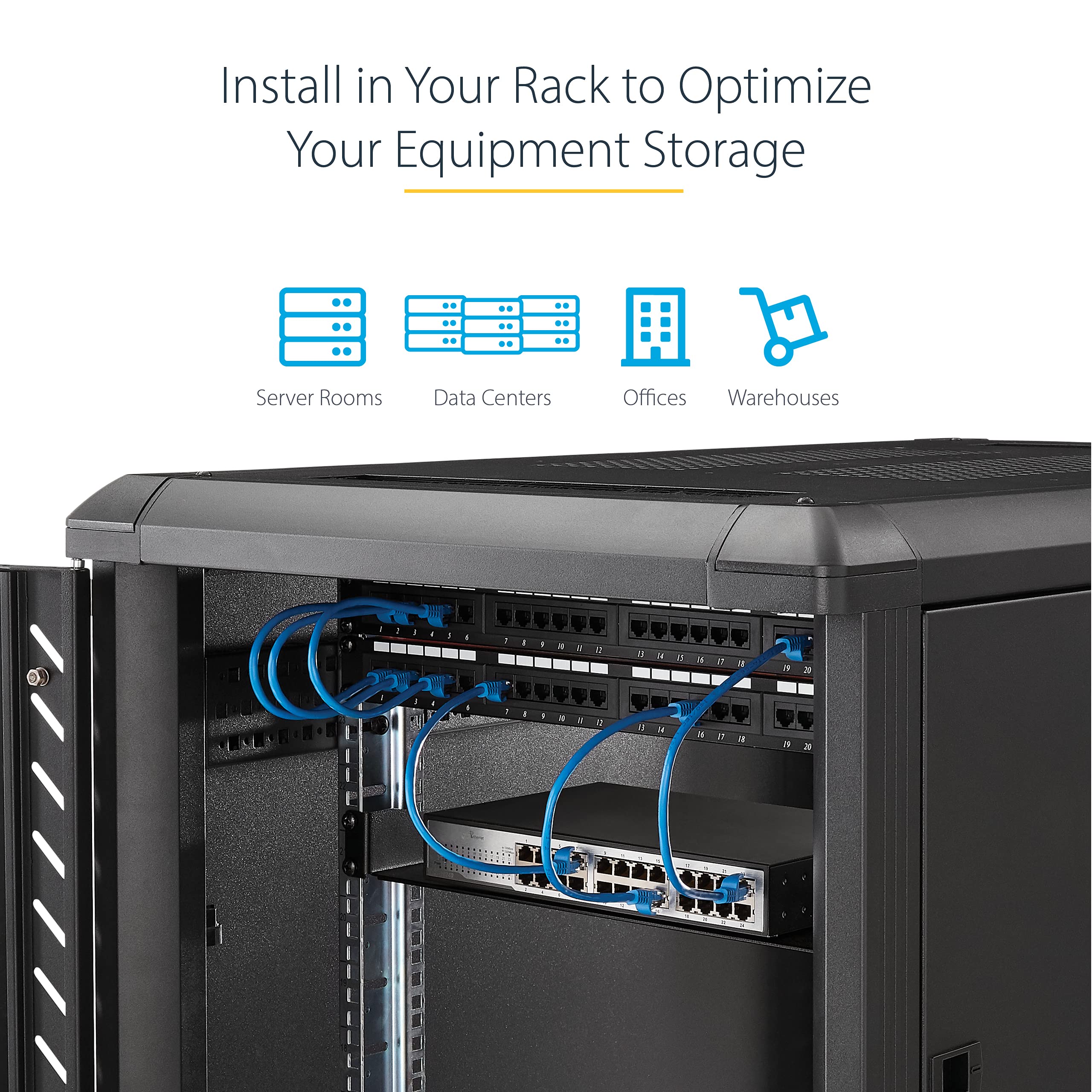 StarTech.com 1U Server Rack Shelf - Universal Rack Mount Cantilever Shelf for 19" Network Equipment Rack & Cabinet - Heavy Duty Steel – Weight Capacity 33lb/15kg - 7" Deep Tray, Black, TAA