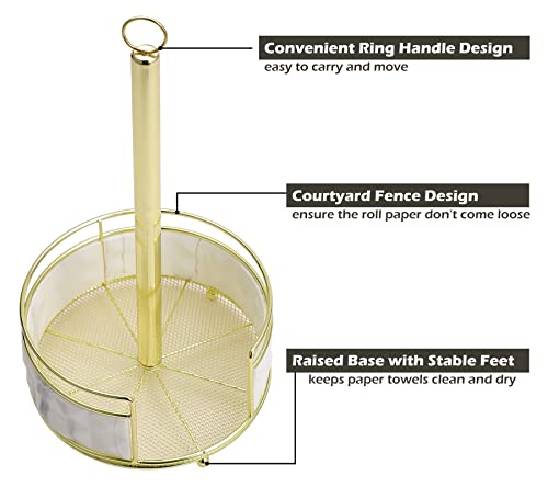 Koluti Paper Towel Holder Countertop, Farmhouse Kitchen Paper Roll Stand, Rustic Gold Metal Paper Towel Rack Organizer Storage for Dining Table, with Courtyard Fence, Marble Print Silicone Finish