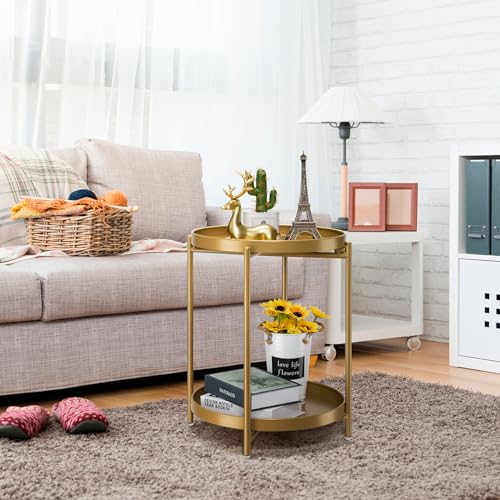 danpinera 2-Tier End Table, Outdoor Side Table Metal Round Side Table with Removable Tray, Small Folding Accent Table, Anti-Rust Nightstand for Bedroom Balcony Patio Living Room (Gold)
