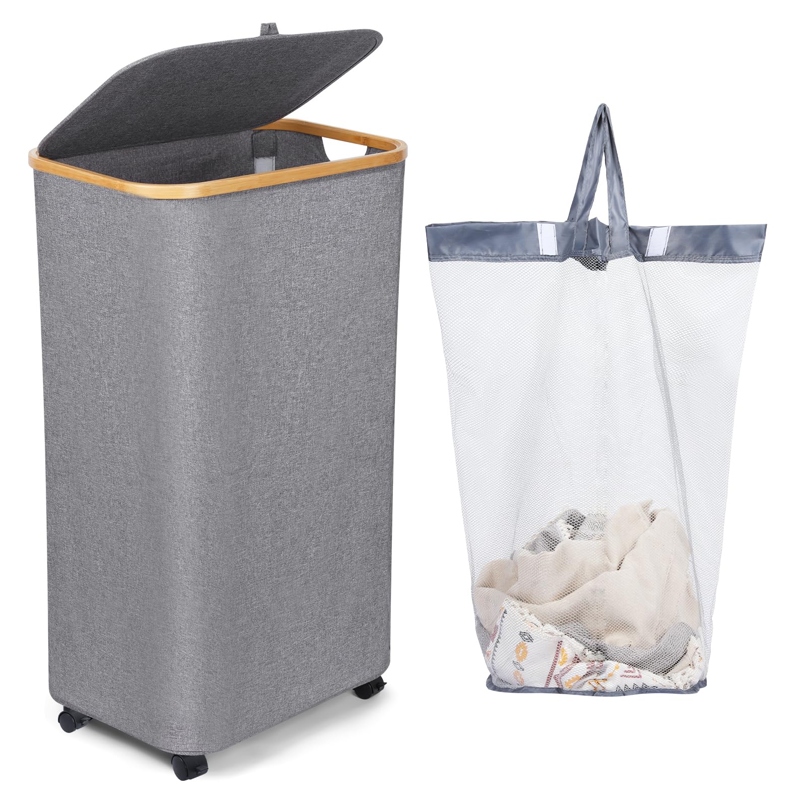 DoReFaSol Large Laundry Basket with Wheels,100L Hampers for Laundry,Freestanding Laundry Hamper with Lid and Bamboo Handles,Collapsible & Waterproof Tall Cloth Hamper for Dorm Familyļ¼Greyļ¼