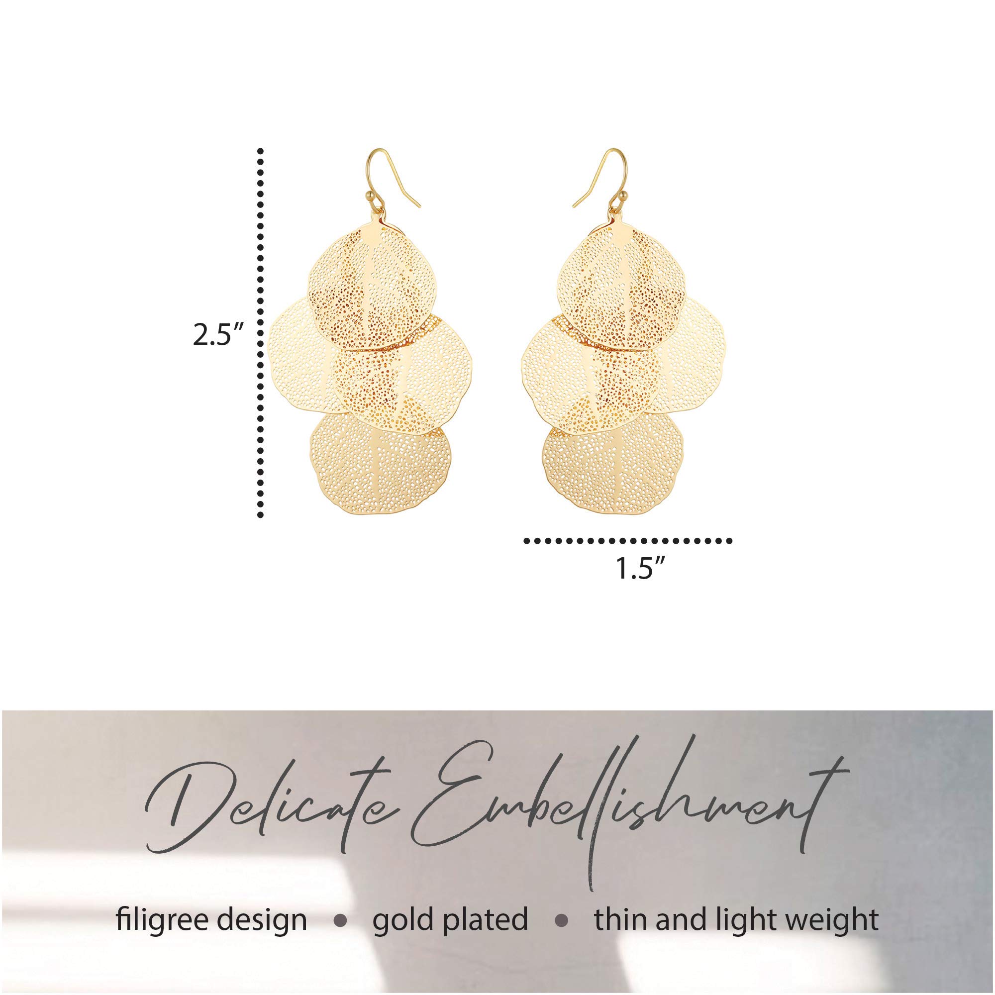 Bohemian Boho Filigree Leaf Chandelier Dangle Earrings for Women – Handcrafted Delicate – 14K Gold Plated – Lightweight (Gold - 3 Layered Circle Leaf Chandelier)