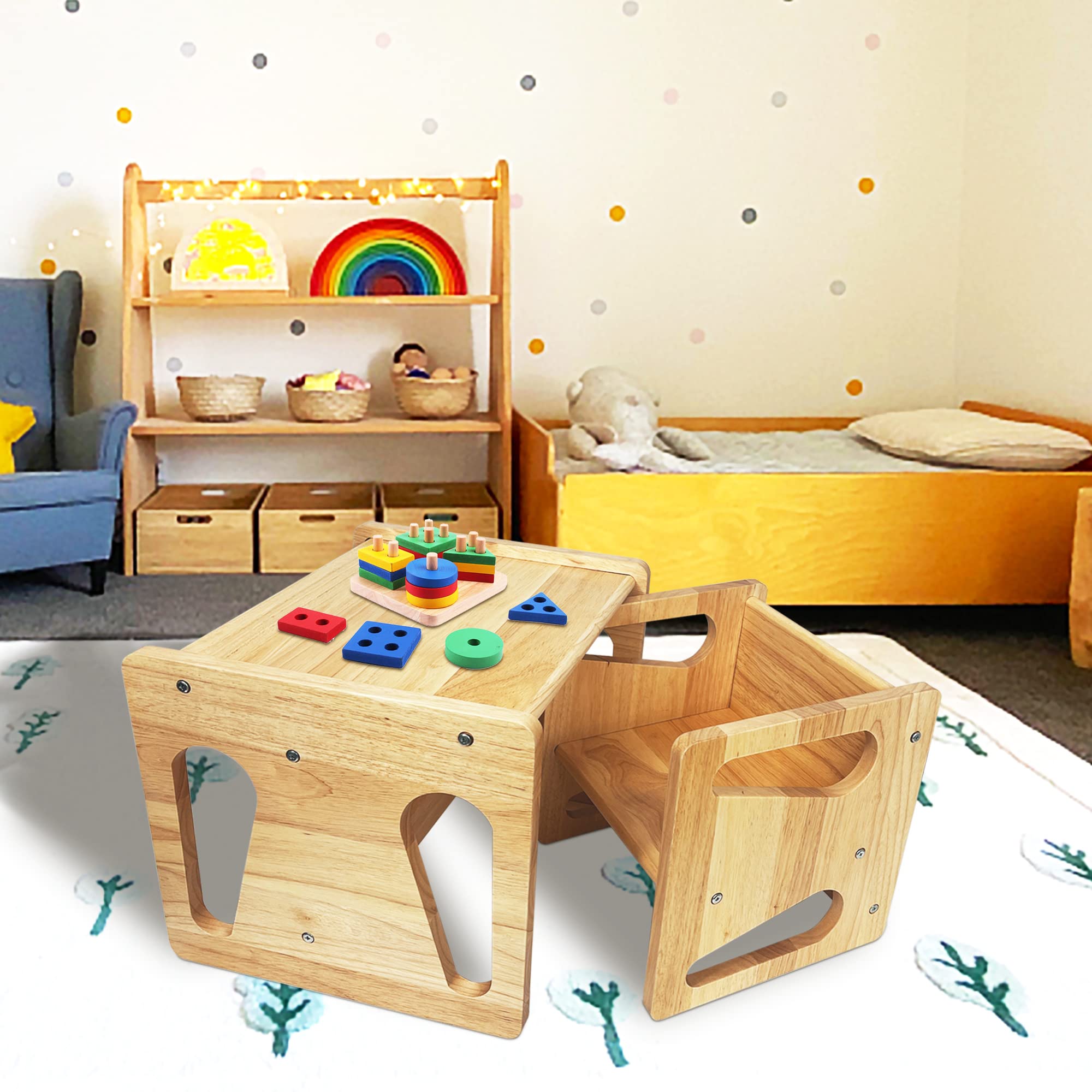 Royxen Montessori Weaning Table and Chair Solid Wood Toddler Table and Chair Set 2 Level Height, Cube Chairs for Toddlers