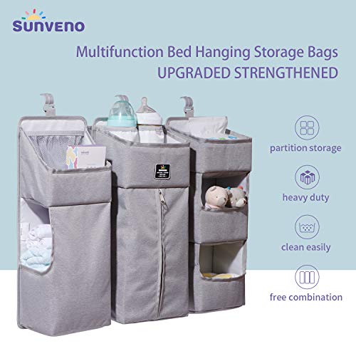 SUNVENO 3-in-1 Detachable Changing Table Diaper Organizer, Crib Hanging Diaper Organizer for Baby Essentials Storage, Grey