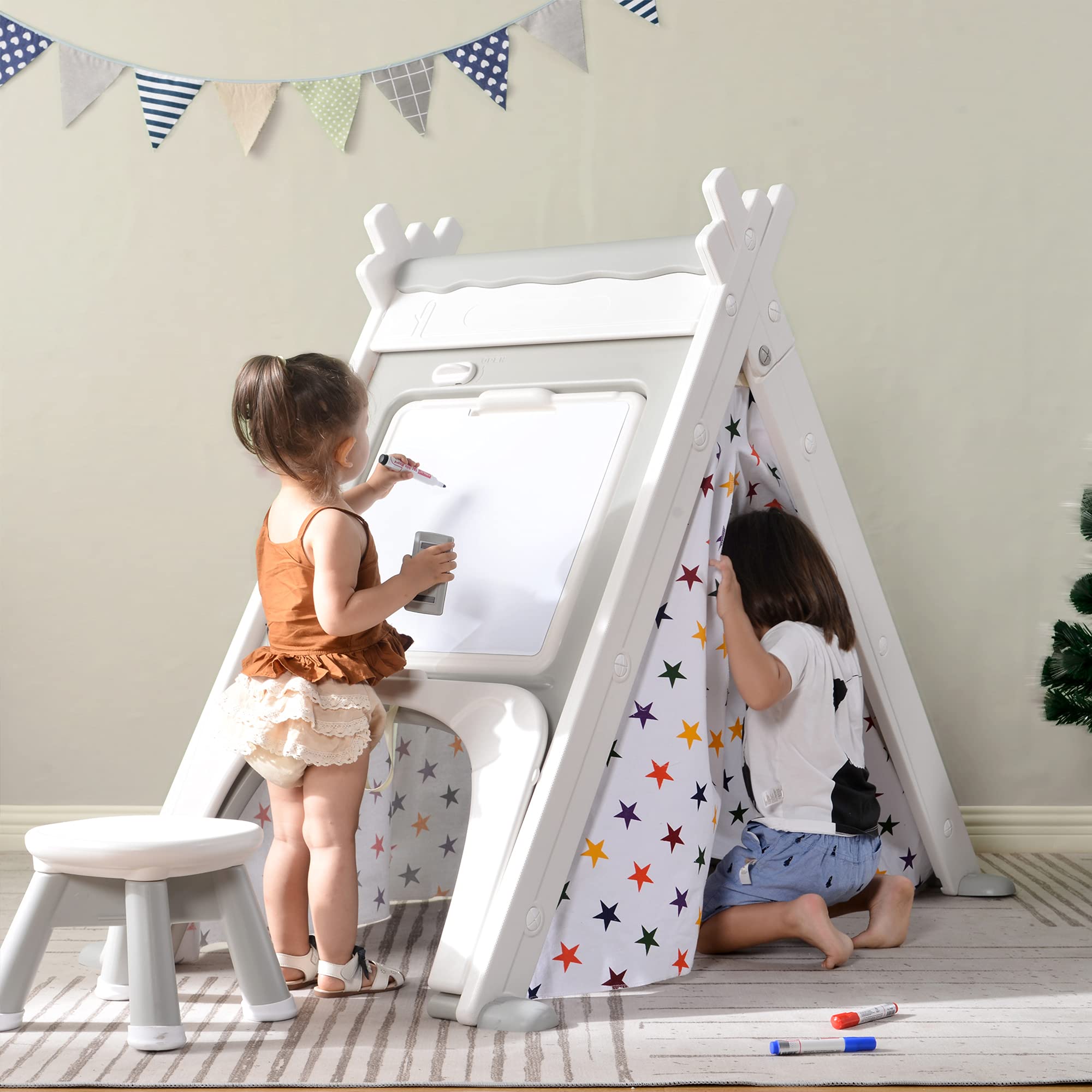 Merax Foldable Triangle Climber, 4-in-1 Kids Hideaway Play Tent with Art Easel, Stool for Toddlers, Climbing Triangle Crawling Tunnel Toy Activity Play Set (White)