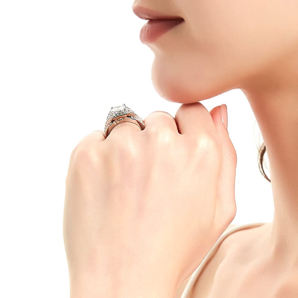 BERRICLE Sterling Silver 3-Stone Emerald Cut Cubic Zirconia CZ Statement Art Deco Cocktail Fashion Split Shank Ring for Women, Rhodium Plated Size 9