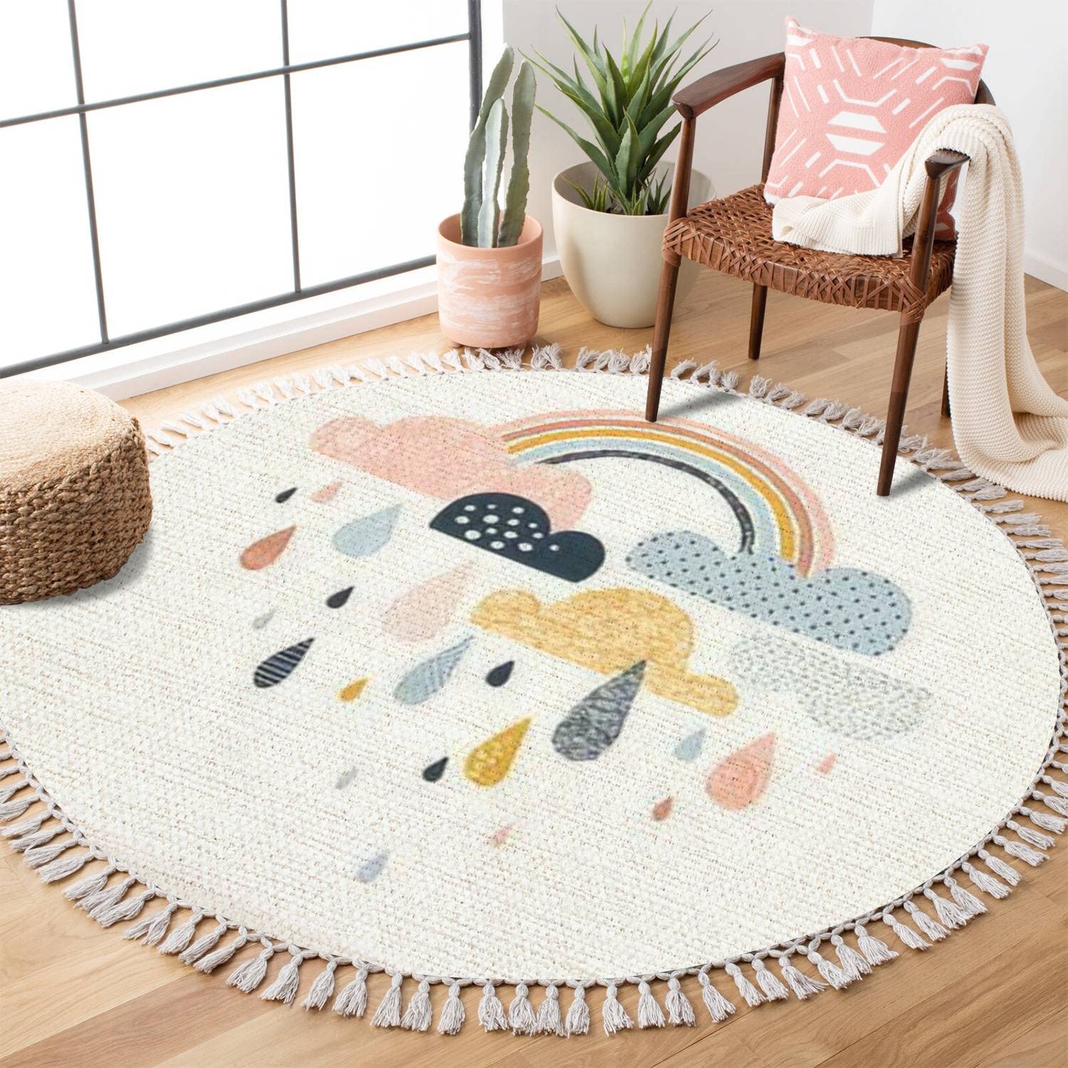 DNEWYNPABV Round Boho Rug Sky with Clouds rain Drops and Rainbows Cute Doodle Decorative Area Linen Carpet Patio Hallway Runner Mat Pad Minimalist Home Decor for Living Room Outdoor, Multi, 4 ft