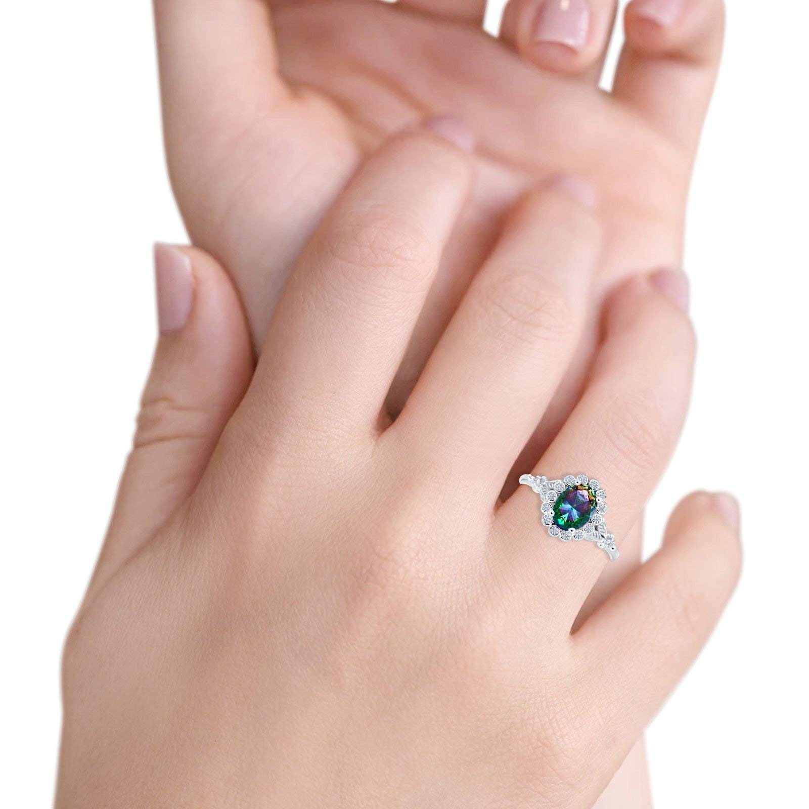 Blue Apple Co. Simulated Rainbow Cubic Zirconia Size-8 Vintage Oval Art Deco Wedding Engagement Ring Round Simulated Cubic Zirconia 925 Sterling Silver